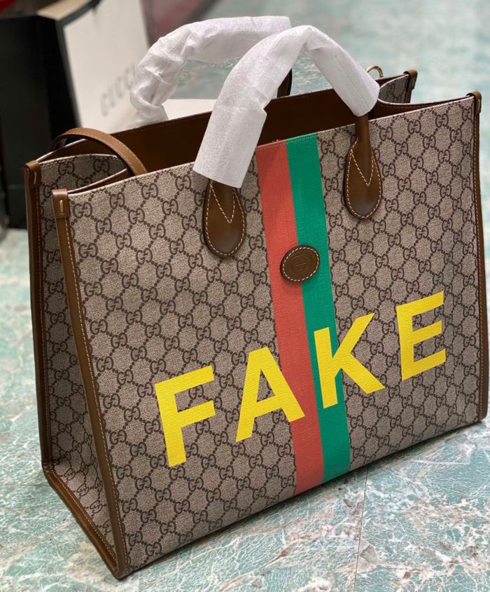 Gucci 'Fake/Not' print large tote bag Dark Coffee - AlimorLuxury