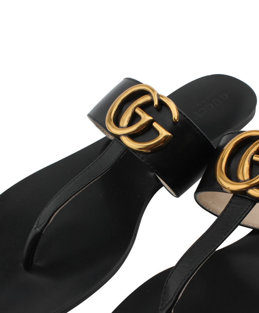 Gucci Unisex Leather thong sandal with Double G 497444 Black - AlimorLuxury