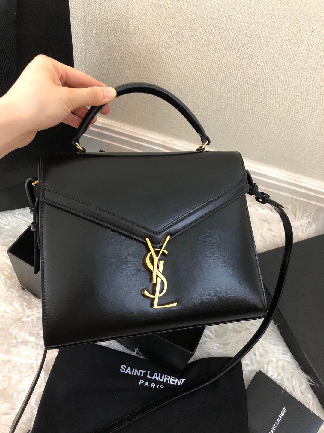 BLACK YSL CASSANDRA MONOGRAM CLASP IN SMOOTH LEATHER - AlimorLuxury