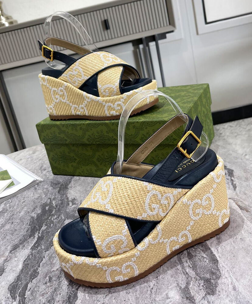 Gucci Women's GG Raffia Platform Sandal Cream - Replica Bags and Shoes ...