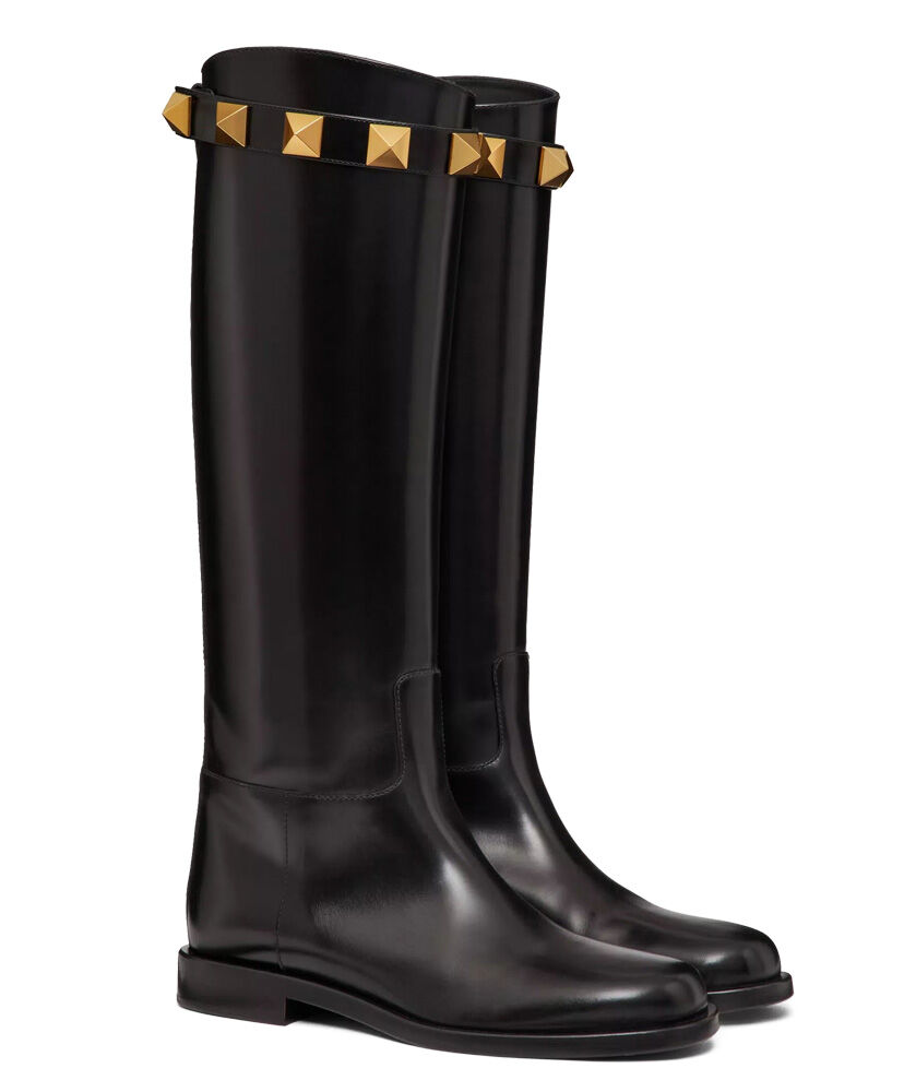 Valentino Women's Calfskin Leather Roman Stud Boot 15MM Black - Replica ...
