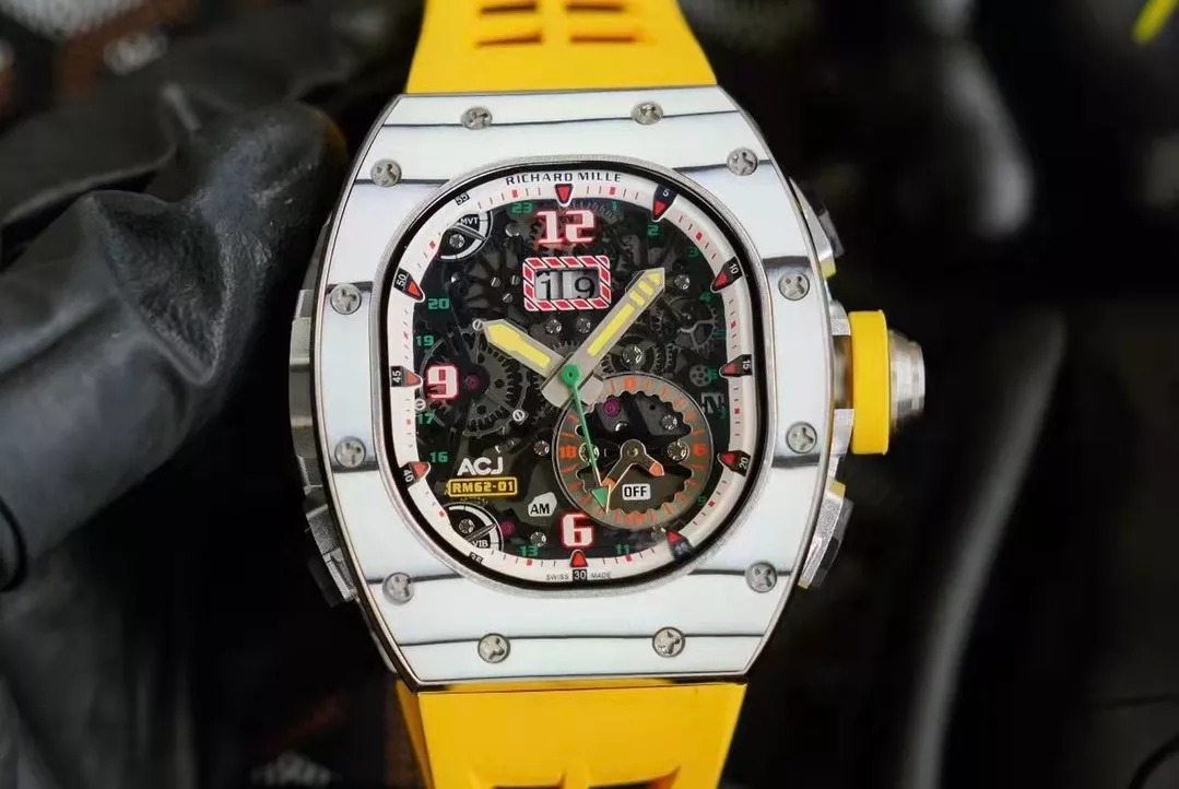 RM 62-01 Tourbillon Vibrating Alarm ACJ White Bezel Yellow Rubber Strap ...